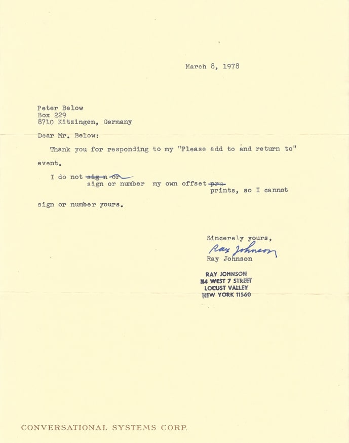 Ray Johnson - Untitled [Letter by Ray Johnson to Peter Below] - Printed ...
